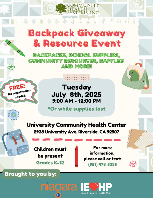 Backpack Giveaway and Resource Event- Riverside, Ca - Community Health ...